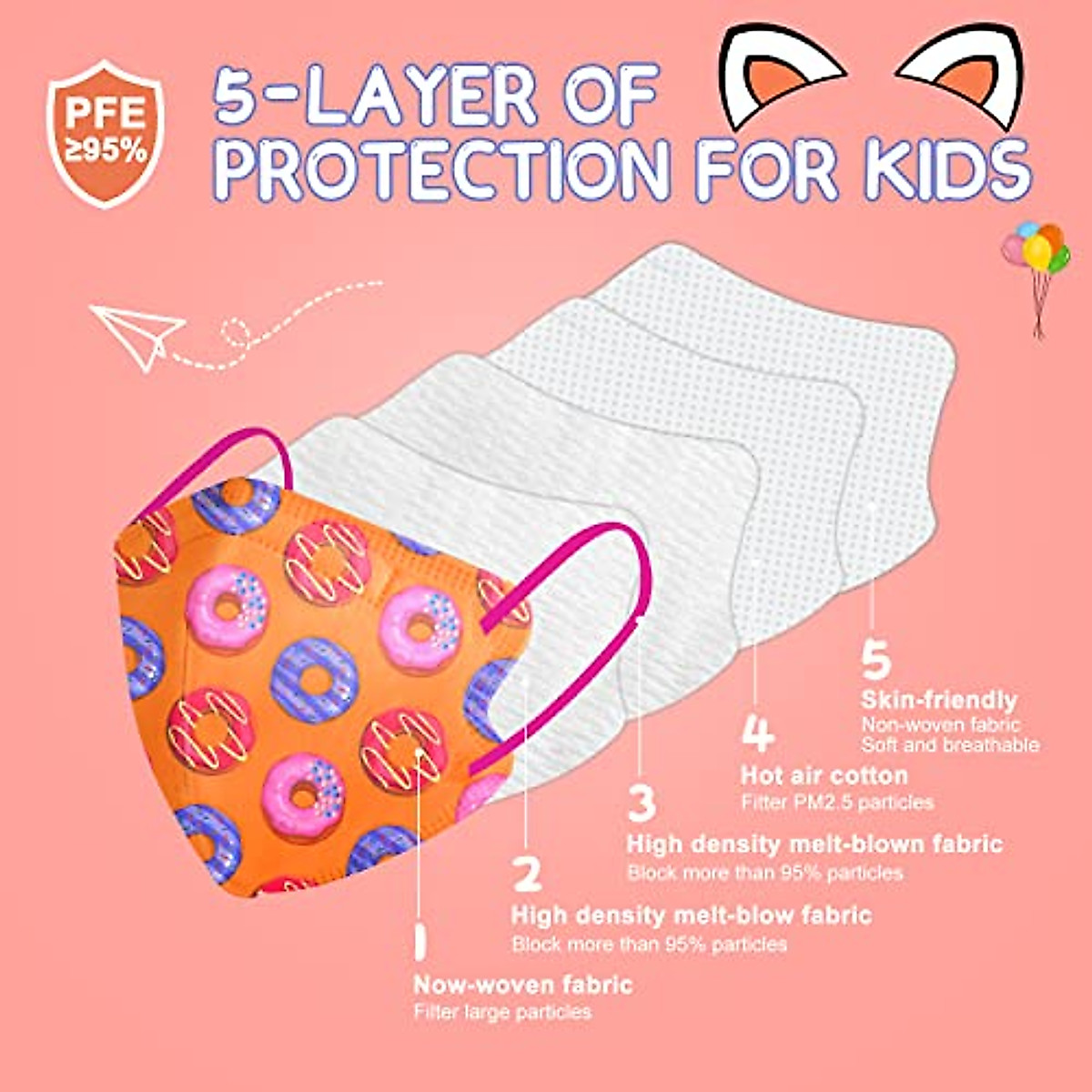 MISSAA KN95 Face Masks for Kids 30 Pcs, 5 Layers Disposable Protective Mask Small Size with Elastic Earloops for Children Boys Girls School Indoor Outdoor Use, Donut