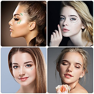 OIIKI 4 Sheets Star Face Eye Stickers, Star Jewelry Eye Body Sticker, Acrylic Crystal Face Gems, Festival Halloween Pearls Hearts Face Makeup Stickers, 4 Styles Rhinestone Tattoos for Women, Girls