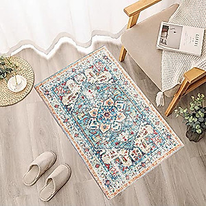 GEVES Cream Green Boho Area Rug Persian Oriental 2x3 Entryway Rugs for Bedroom Kitchen Bathroom Decor Doormat Washable Indoor Use Non-Slip Rubber Backing