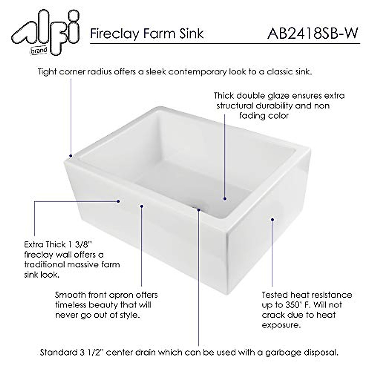 ALFI brand AB2418SB-W Smooth Thick Wall Fireclay Single Bowl Farm Sink, 24", White