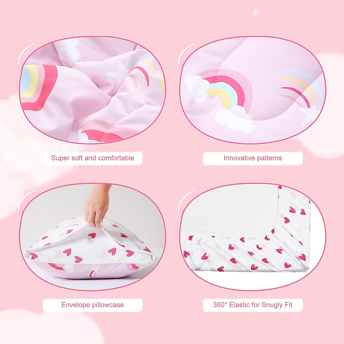 david's kids 4 Piece Toddler Bedding Set - Soft Breathable Toddler Bedding Set for Boys Girls, includes Quilted Comforter, Flat Sheet, Fitted Sheet and Pillowcase, Rainbow