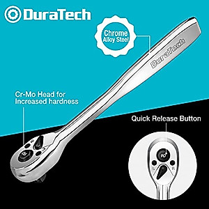 DURATECH 3-Piece Ratchet Set, 1/4", 3/8", 1/2" Drive, 90-Tooth, Quick-release, Contour Handle Designed for Better Grip, Alloy Steel, Organized in Plastic Tray