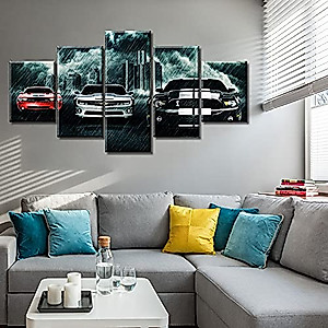 Black and White Paintings Car Art Wall Decor Modern Picture Prints on Canvas for Men Office Bedroom Living Room Stretched Framed Ready to Hang 60" W×32" H 5 Pieces
