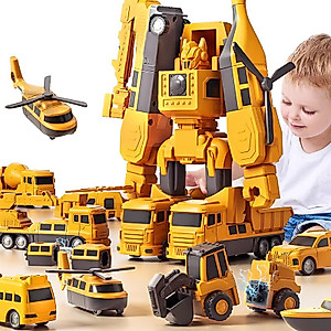 Gzsbaby Transforming Robot Toys Set for Boys, 6 in 1 Magnetic Construction Trucks Transform Robot Play Vehicles with Storage Box (Construction Toys) (778A47)