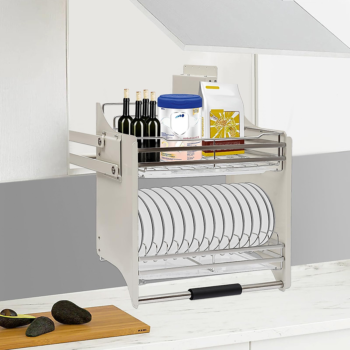 CheriMuMu Cabinet Organizer, 2 Tier Pull-Out Cabinet Organizer Spice and Dishes Pull Out Cabinet Storage Shelf Pull Down Heavy Duty Shelf Organizer, Wall Mounted Pantry Storage Shelf for Kitchen