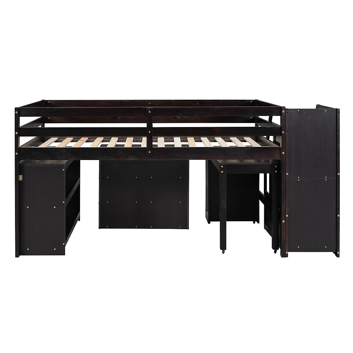 Merax Retractable Writing Desk and 3 Drawers, Wooden Loft Bed with Storage Stairs and Shelves, Espresso