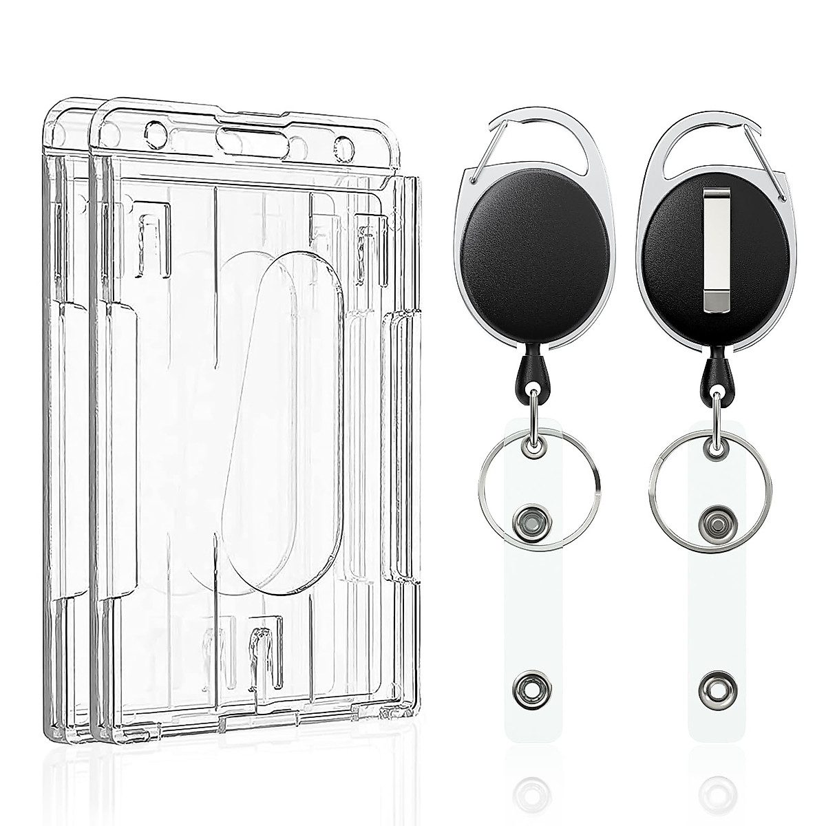 Pawfly Vertical 2-Card Badge Holder with Thumb Slots Hard Transparent PC Case Protector with Retractable Badge Reel Carabiner Clip for IDs Credit Cards Driver’s Licenses and Passes, 2 Pack
