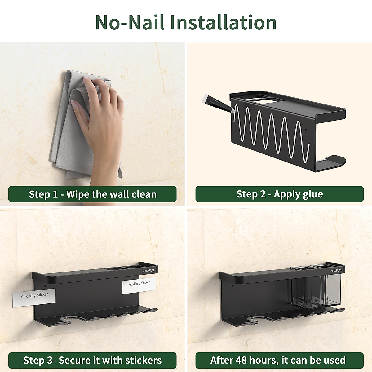 YIHOFLO Hair Dryer Holder Wall Mounted Adhesive/Drilling, Hair Dryer Storage Organizer with Shelf & Hooks. Hair Dryer Rack for Bathroom, Blow Dryer Holder, Hair Tool Organizer (Black)