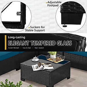 12 Piece Modular Wicker Outdoor Patio Sectional Furniture Sofa Set w/ Cushion, Outdoor Conversation Couch Set with Sloping Backrest and Wide Arm for Patio, Garden(Black Frame / Peacock Blue Cushion)