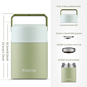 Alxeme Insulated Food Jar Vacuum Insulated Lunch Container Wide Mouth Bento Box with Leak Proof Cap 27OZ Stainless Steel Hot Food Meal Carrier with Spoon & Handle for Kids/Adult Food Flask - Matcha