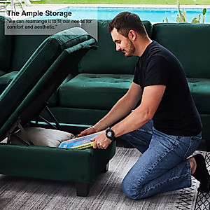 Belffin Modular Sectional Sofa Set Velvet U Shaped Sofa Set with Reversible Wide Chaise Convertible Corner Sectional Sofa Couch Set with Storage Ottoman Green