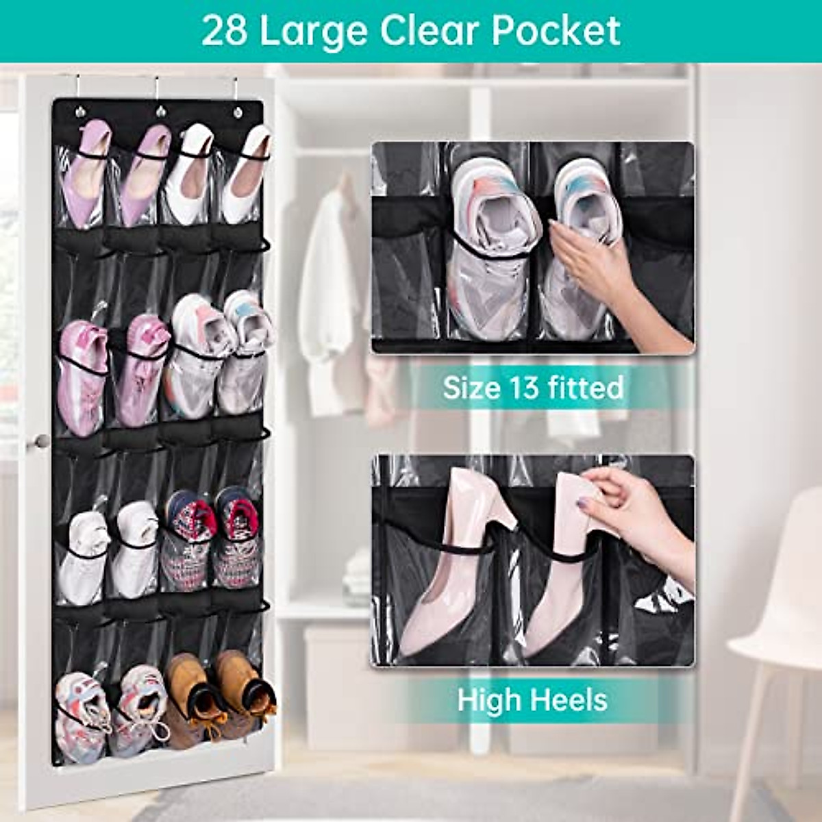 KEETDY Long 3 Tier Shoe Rack for Closet and 28 Clear Pockets Door Shoe Organizer