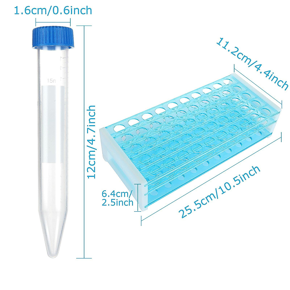 100pcs Conical Centrifuge Tubes 15mL, Clear Plastic Centrifuge Tubes with Leak-Proof Screw Caps, Plastic Graduated Lab Test Container with 2Pcs Test Tube Rack for Scientific Experiments