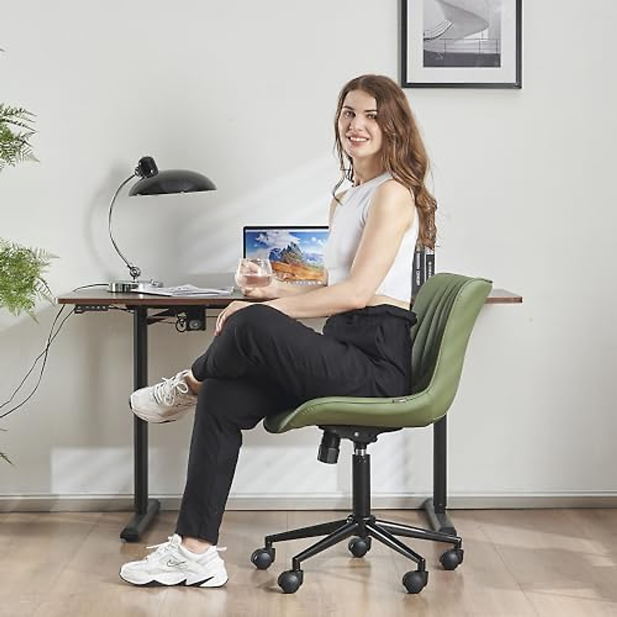 YOUTASTE Office Chair Armless Desk Chair Small Computer Swivel Rolling Chair with Wheels, Modern Upholstered PU Leather Computer Task Chair, Adjustable Home Office Desk Chairs, Olive Green