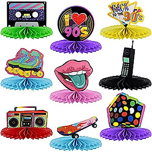 9 Pieces 90s Theme Party Decorations Honeycomb Centerpieces Table Topper Retro Table Decor Vintage Hip Hop Supplies 1990s Party Favors Photo Booth Props for Back to 90's Nostalgic Hippy Party