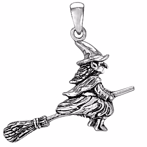 Moonlight Mysteries Sterling Silver Salem Witch Flying on Broom Pendant