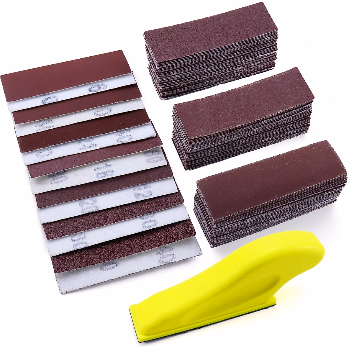 POLIWELL Micro Sanding Tools 3.5” x 1” Detail Sander for Small Projects, Mini Handle Sander Kit+ Sandpaper 40 80 120 180 240 400 600 Grit for Crafts Wood Finishing Tight Narrow Spaces, 120 PCS