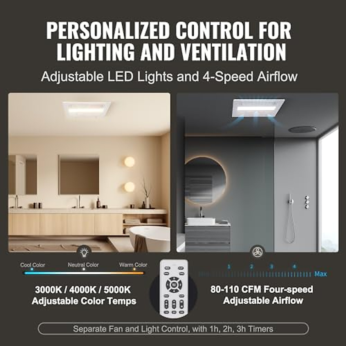VEVOR Bathroom Exhaust Fan, 110 CFM Ventilation, 1.5sones Low Noise Operation, Remote Control, Cooling&Heating, LED Light 3000/4000/5000K, Airflow Speed&Light Brightness Adjustable, Timer