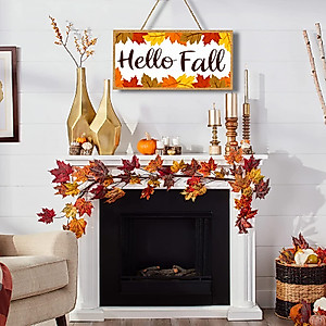 Hello Fall Sign Wall Decor 14" Autumn Harvest Thanksgiving Maple Leaf Sign Rustic Hanging Decorations in Home Art for Front Porch Door Plaque