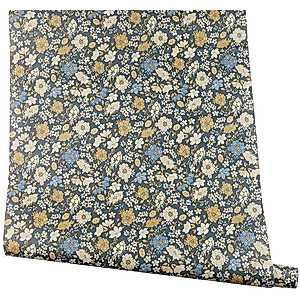 Self Adhesive Vintage Blue Floral Contact Paper Drawer Liner for Shelf Kitchen Cabinets Dresser Cupboard Furniture Walls Decal 17.7X117 Inches