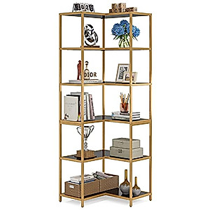 LITTLE TREE 6-Tier Corner Bookshelf: Modern Tall L-Shaped Corner Bookcase Large Etagere Book Shelving Unit Storage Display Rack with Metal Frame for Living Room Office Bedroom, Black & Gold
