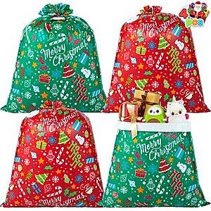 JOYIN Christmas 4 Pcs Jumbo Gift Bags, Extra Large Heavy Duty 44” x 36” Drawstring Xmas Present Bag with Tags for Big Gifts, Christmas Season, Gift Giving, Holiday Presents or Decorations