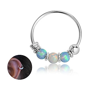 Handmade Silver Single 10MM Cartilgae Helix Piercing Hoop Earring with Trio Blue&White Opal, 925 Sterling Silver Very Small 10MM Thin 22 Gauge Hoop for women, By Miya Jewelry