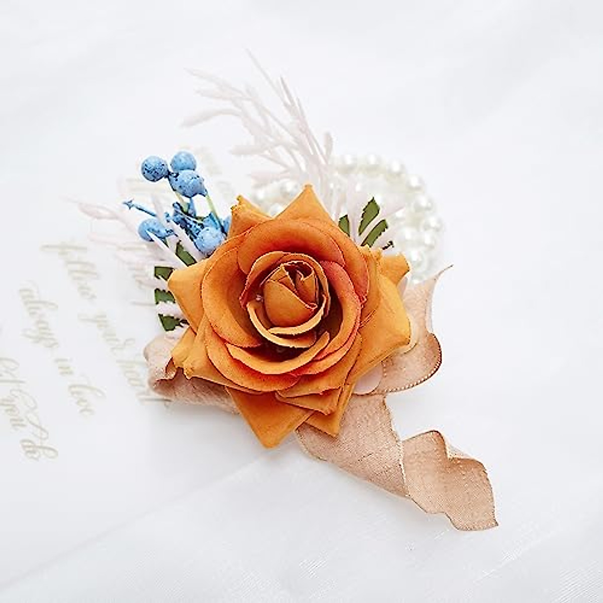 AJOYEGG Wrist Corsage and Boutonniere Set: Corsage Wristlet Band Bracelet Flower and Men Boutonniere Rose Flower Set for Wedding Prom Suit Decoration(Burnt Orange)