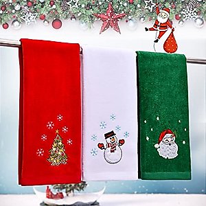 Large Size 16" x 27" Christmas Hand Towels, 100% Pure Cotton Bathroom Decorative Towels Soft Washcloths Kitchen Hand Towels Perfect Christmas Decor, Pack of 3 (Red, White, Green)