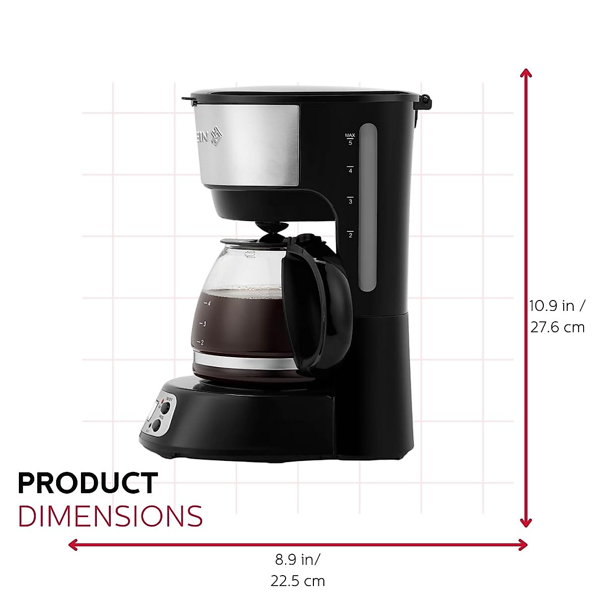 Holstein Housewares 5-Cup Programable Coffee Maker, Convenient and User Friendly, Black and Stainless Steel with Auto Pause and Serve Function, Glass Carafe