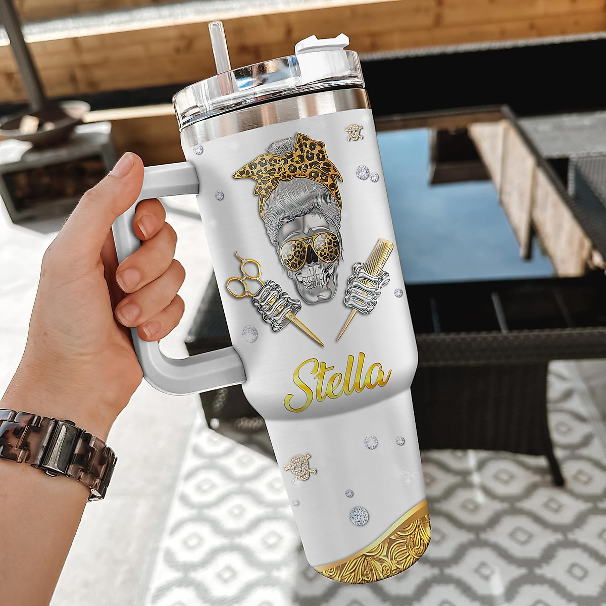 HHyturtle Personalized Hair Stylist 40 oz Tumbler With Handle and Straw Lid, Funny Skull Messy Bun Stainless Steel Coffee Cup, Salon Owner Gifts Hairdresser Mug With Name