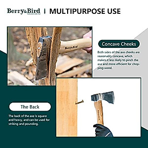 Berry&Bird Camping Axe, 12.5’’ Small Axe Hatchet with Wooden Short Handle & Leather Sheath Mini Hand Axes for Cutting & Splitting Forged Carbon Steel Blade Outdoor Manual Tool