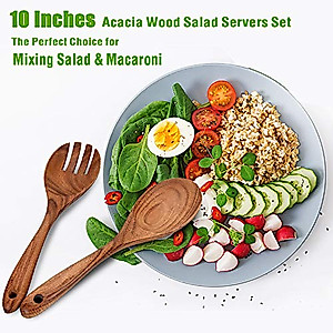 Wooden Acacia Salad Servers 10-inch, Set of 2, Salad Spoon and Fork Set, 100% Natural Hand Carved Wooden Utensils for Serving Salad
