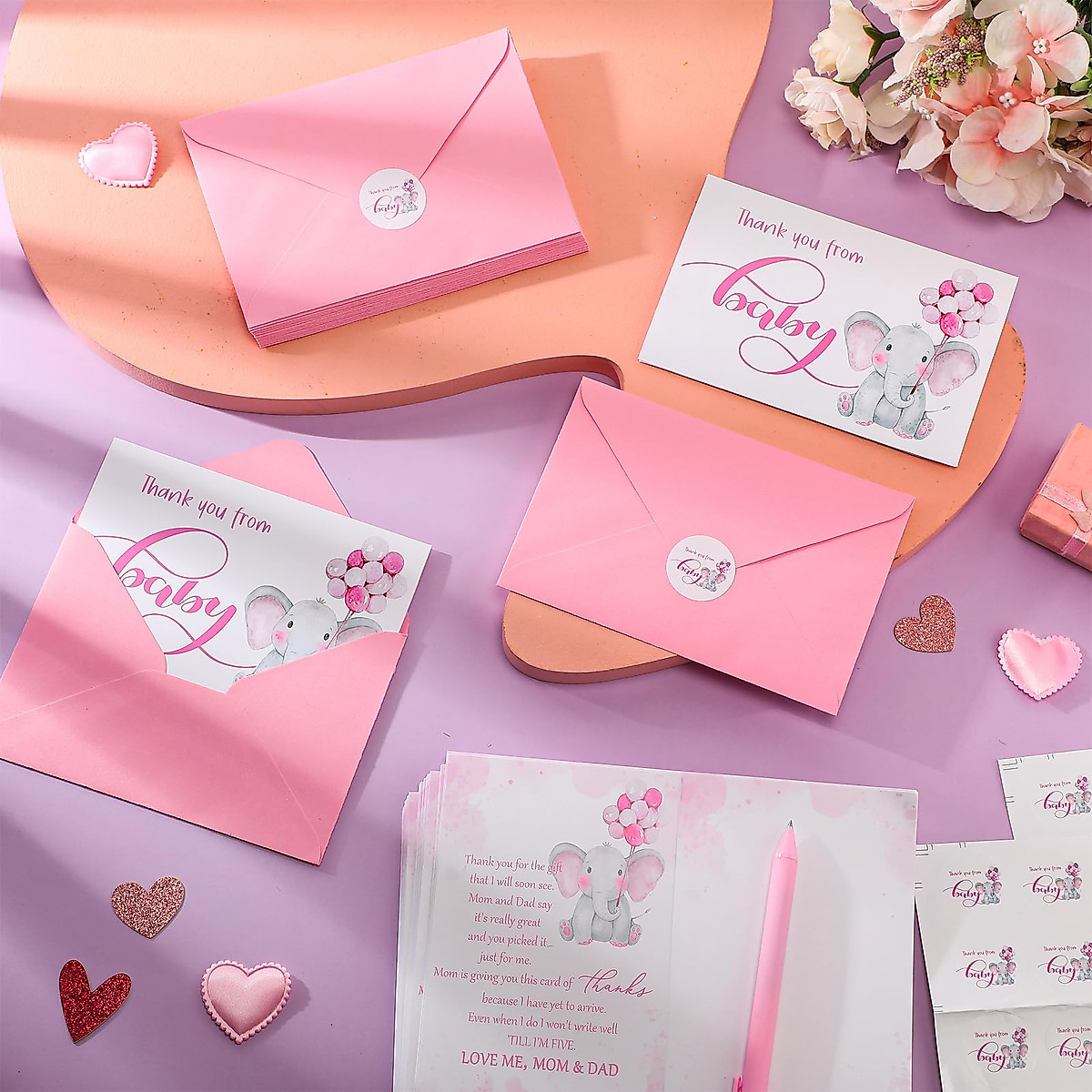 Zhanmai 50 Sets Baby Shower Thank You Cards Elephant Themed 50 Baby Shower Thank You Notes with 50 Envelopes and Stickers Baby Shower Card Baby Gift Boy Card for Baby Shower Gender Reveal Party (Pink)