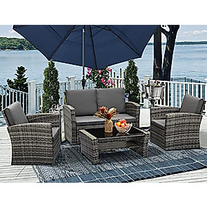 Vakollia 4 Piece Outdoor Patio Furniture Sets, Wicker Rattan Conversation Sofa Set with Table & Chair for Backyard Balcony Garden Poolside Porch (Grey-Dark Grey)