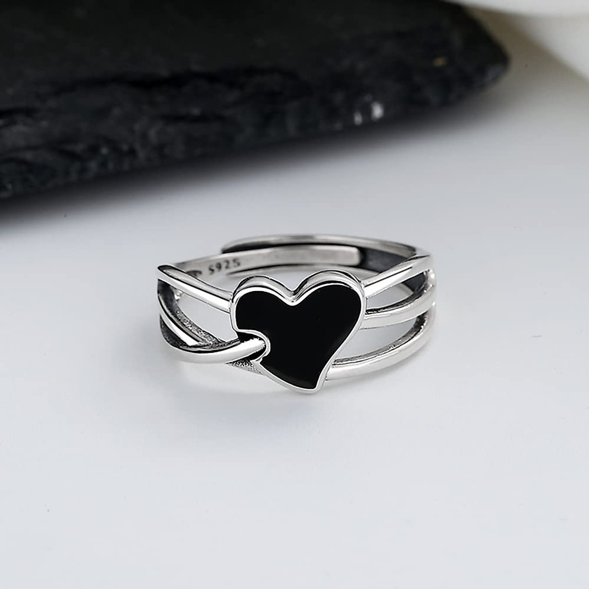 Black Heart Open Statement Rings Sterling Silver 925 Adjustable Multi Layers Engagement Promise Ring Endless Love Eternity Wedding Bands Wrap Finger Band for Women