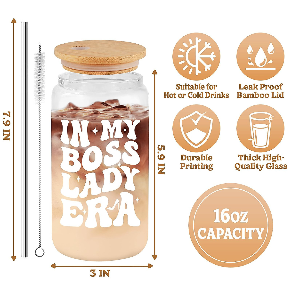 Boss Day Gifts for Women, Boss Lady 16 Oz Coffee Glass Cup, Boss Gifts for Women, Gifts for Boss Female, National Boss Day Gifts, Boss Appreciation Gifts - In My Boss Lady Era 16 Oz Glass Cup