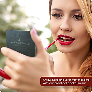 Anthony Noble & Co. Elegant Pocket Mirror in Credit Card Size with Handle, Small Mirror Made of Polished Metal, Mini Mirror incl. Designer Protective case, Compact Mirror for on The Road and Camping