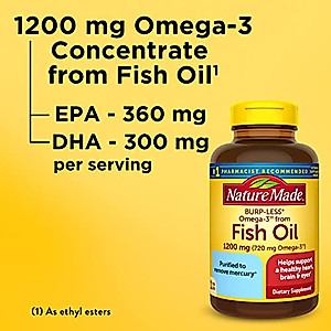 Nature Made Burp Less Omega 3 Fish Oil 1200 mg, Fish Oil Supplements as Ethyl Esters, Omega 3 Fish Oil for Healthy Heart, Brain and Eyes Support, One Per Day, Omega 3 Supplement with 120 Softgels