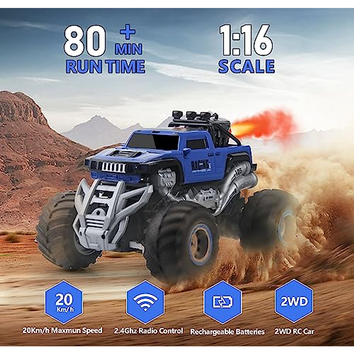 MYDOVA Monster Truck, 1:16 Scale All Terrain Off Road Large Remote Control Car with Spray, RC Cars Toy Gifts for Boys Age 8-12 and Girls 4-7,Adults
