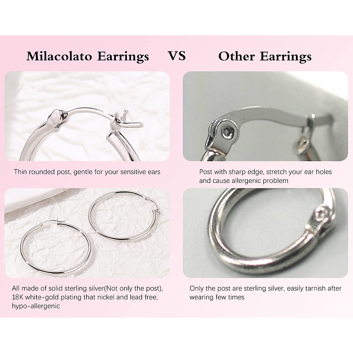 Milacolato Sterling Silver Hoop Earrings 2mm Thin Hoop Earrings 18K White Gold Plated Click-Top Huggie Hoops Earrings Small Medium Large Hoop Earrings for Women 25mm