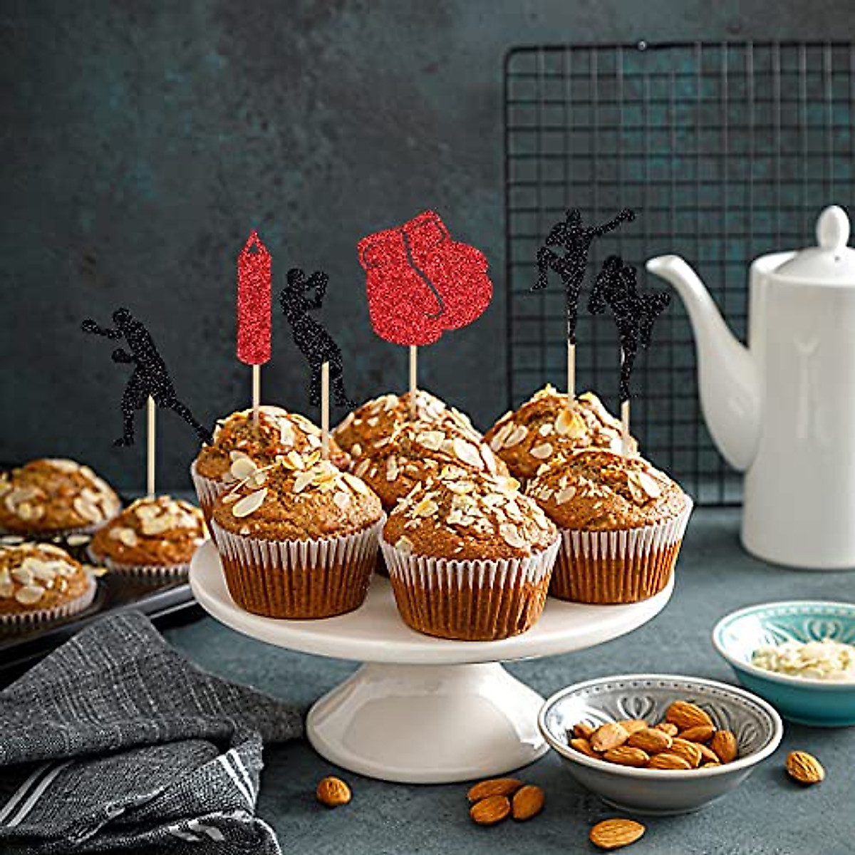 BIABISD 12 Piece boxing Cupcake Toppers boxing Themed Cupcake Toppers boxing Happy Birthday Party Supplies Shiny Black Red Decorations