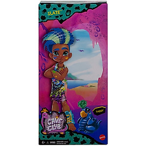 Mattel Cave Club Slate Doll (8-10-inch, Blue Hair) Poseable Prehistoric Fashion Doll with Dinosaur Pet and Accessories, Gift for 4 Year Olds and Up