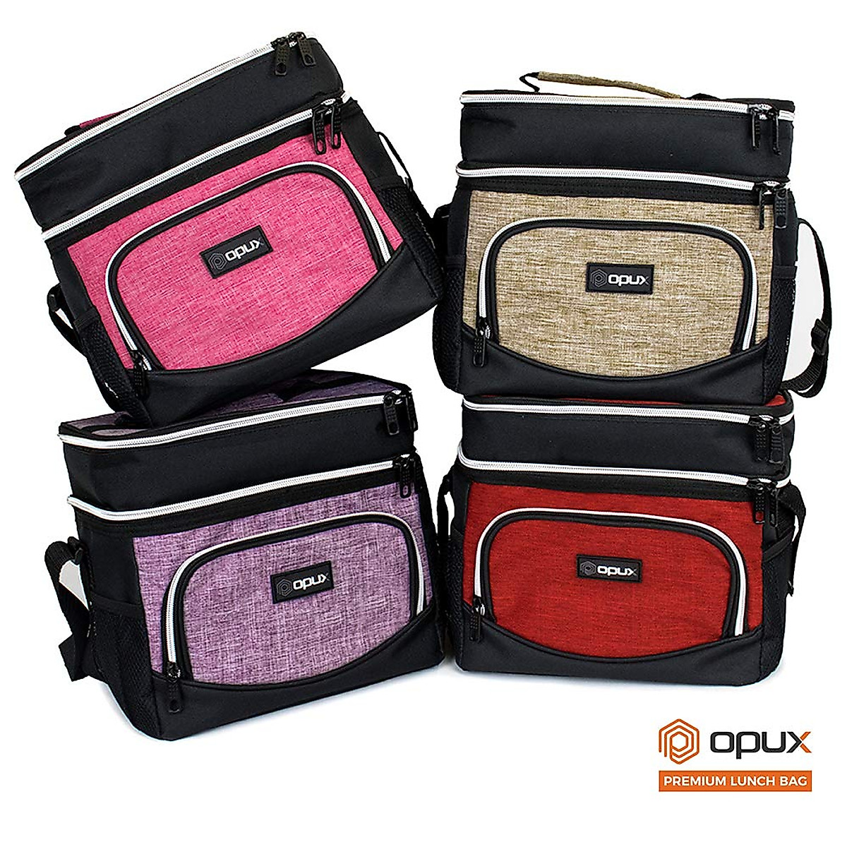 opux Insulated Dual Compartment Lunch Box Men Women | Leakproof Double Deck Lunch Bag Work Office | Soft Cooler Tote Strap Adult | Reusable Thermal Lunch Pail 12 Cans, Brown Tan Taupe Beige
