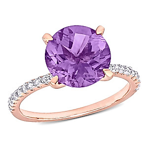 Abbie+Cleo Womens Round Cut Purple Amethyst and White Topaz Gemstone 4-Prong Solitarie Ring in Rose Gold Flash Plated Sterling Silver, Size 5