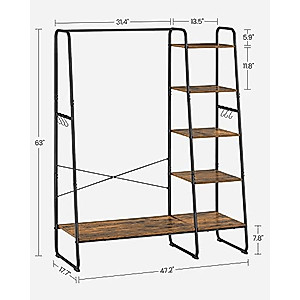 VASAGLE Clothes Rack, Clothing Rack with Shoe Shelf, 5-Tier Storage Rack, 6 Side Hooks, for Bedroom, Living Room, Rustic Brown and Black URGR116B01