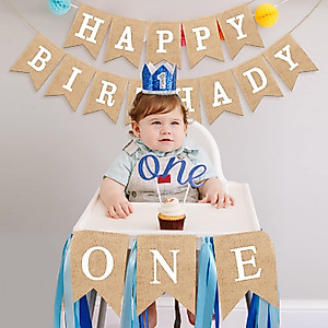 1st Birthday Party Decoration First Birthday Banner Rustic Happy Birthday Burlap Banner One High Chair Banner One Sign for First Birthday Baby Girl Boy Birthday Nursery Supplies, White Alphabet