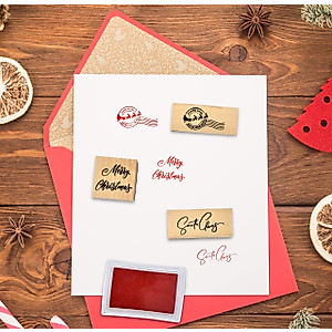 Christmas Wooden Rubber Stamps Set of 3 Merry Christmas Santa Claus Signature and North Pole Reindeer Mail Stamp with Red Ink Pad for Holiday Xmas Letter Envelopes Gifts Letters to and from Santa