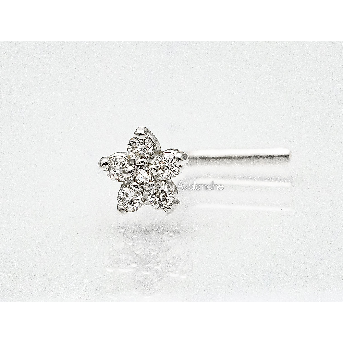 20G 14K White Gold Diamond L-shape Nose Stud - Flower Setting nose Ring - April Birthstone - FLWD-LSWG