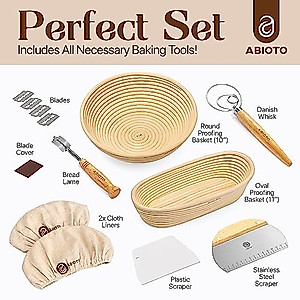 Sourdough Bread Baking Supplies and Proofing Baskets, A Complete Bread Making Kit Including 10" Round & 11" Oval Rattan Bannetons, Bread Lame, Bowl & Dough Scrapers, Danish Whisk and Linen Liners